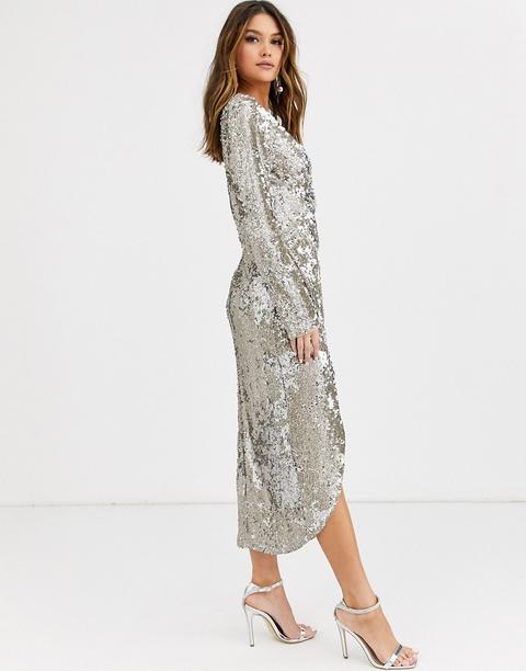 Tfnc - Robe Mi-longue Cache-cœur À Manches Longues Avec Sequins Et Avant Drapé - Argenté Et Doré ...